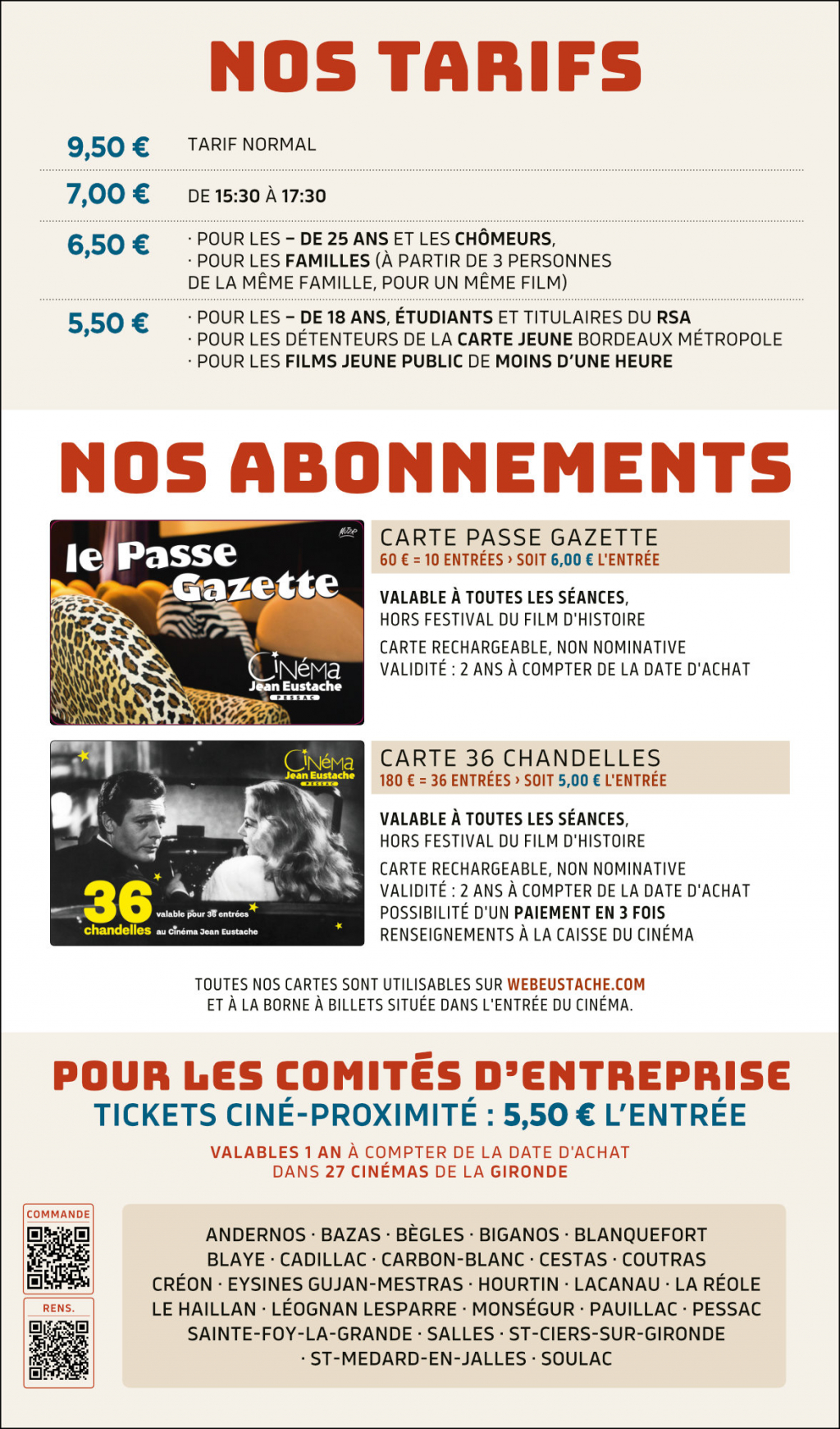 Tarifs - Cinéma Jean Eustache Pessac